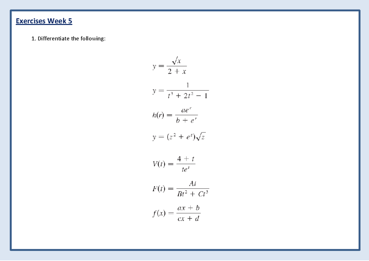 Exercises Week 5 - ITMTA - Exercises Week 5 Differentiate the following: Differentiate the - Studocu