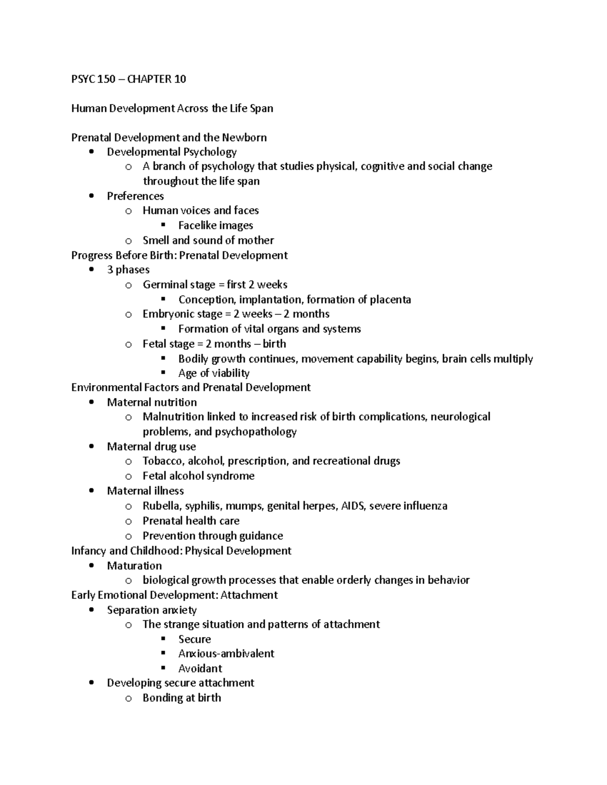 PSYC 150 - Chapter 10 - PSYC 150 – CHAPTER 10 Human Development Across the Life Span Prenatal ...