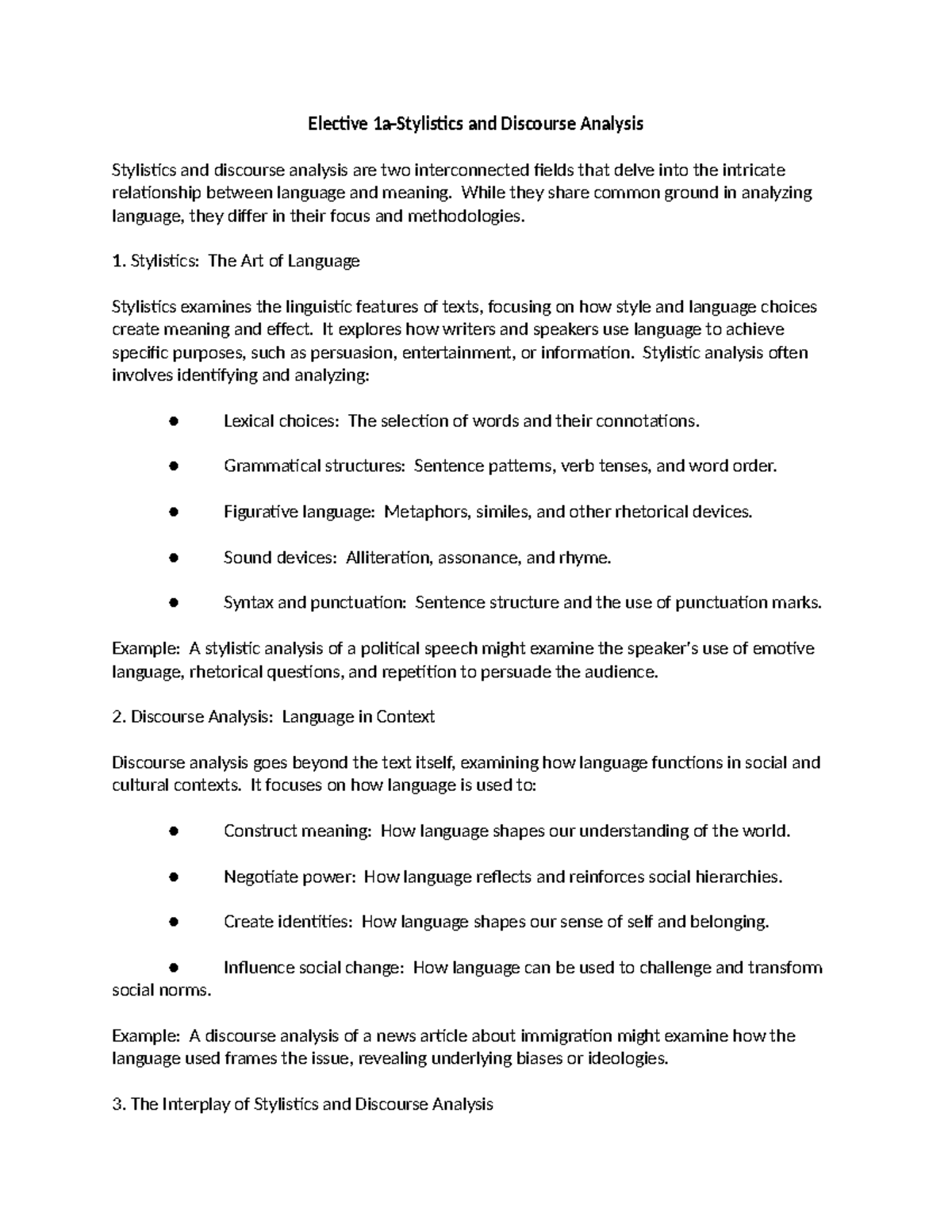 Elective 1a Stylistics and Discourse Analysis 1 - Elective 1a ...