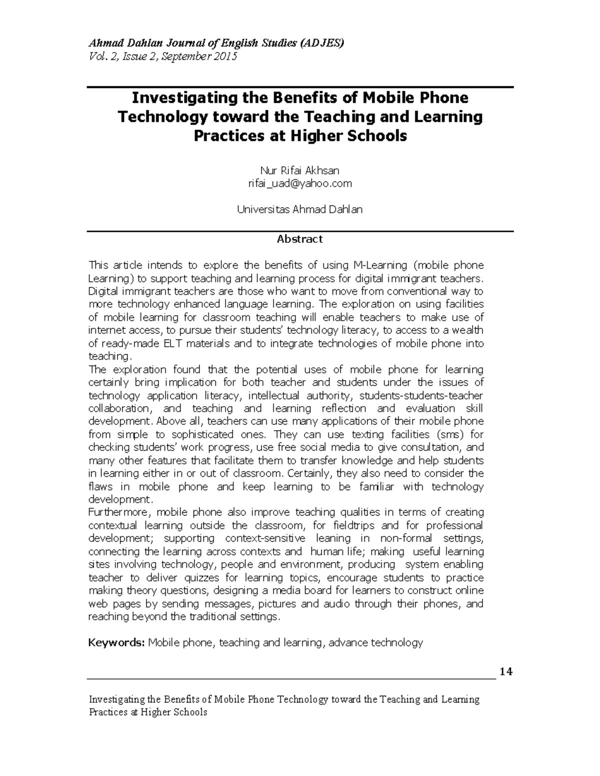 Investigating the Benefits of Mobile Phone Technology toward the ...