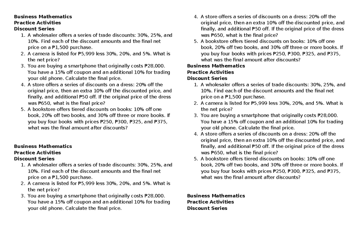 Discount Series - Practice Activity - Business Mathematics Practice ...