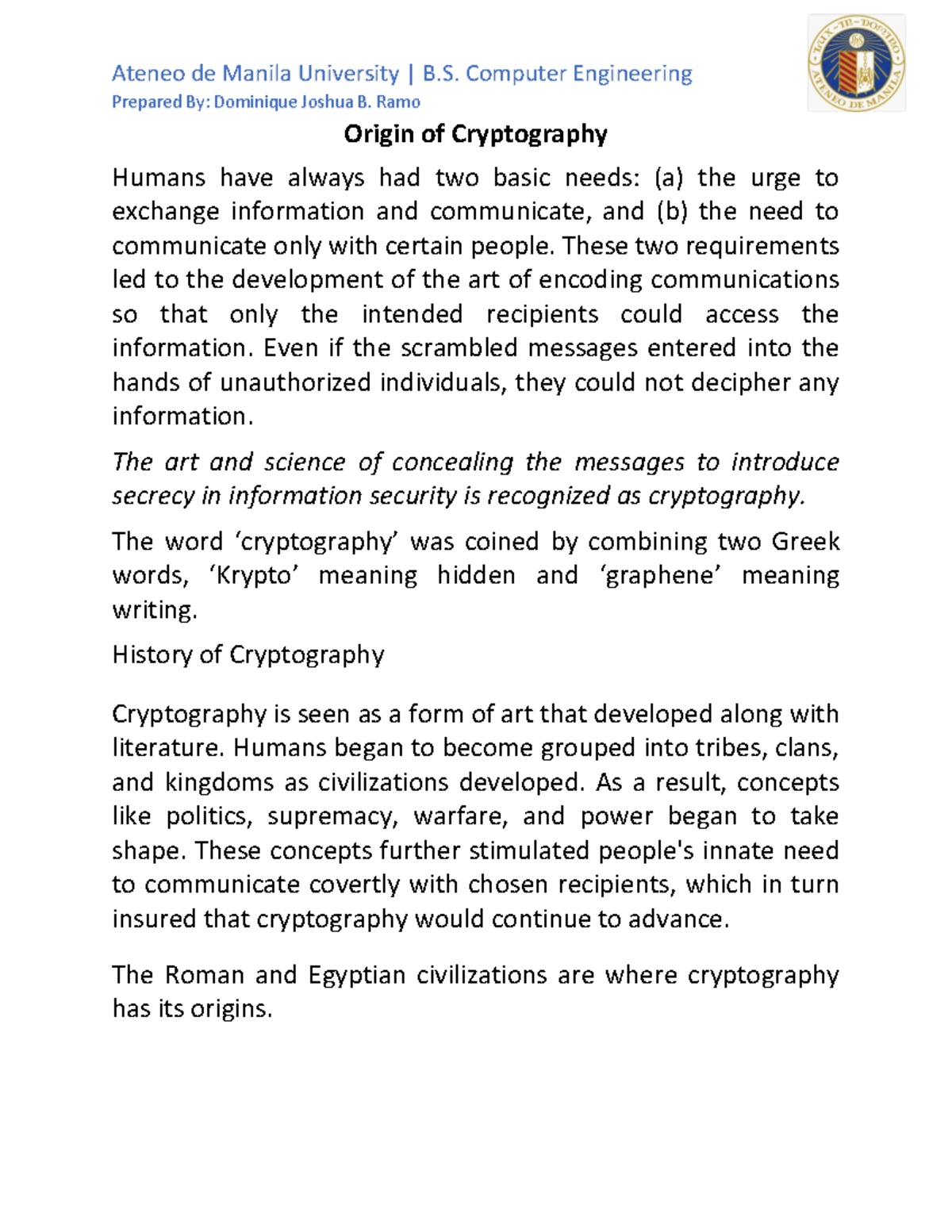 Study Guide - Origin of Cryptography - Prepared By: Dominique Joshua B. Ramo Origin of ...