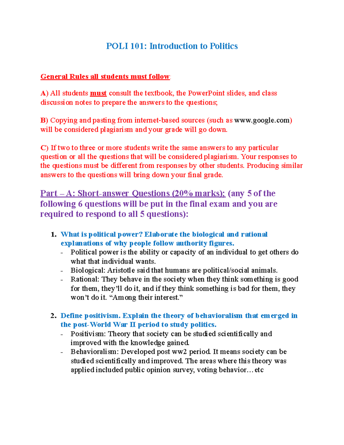 Introduction to Politics - POLI 101: Introduction to Politics General ...