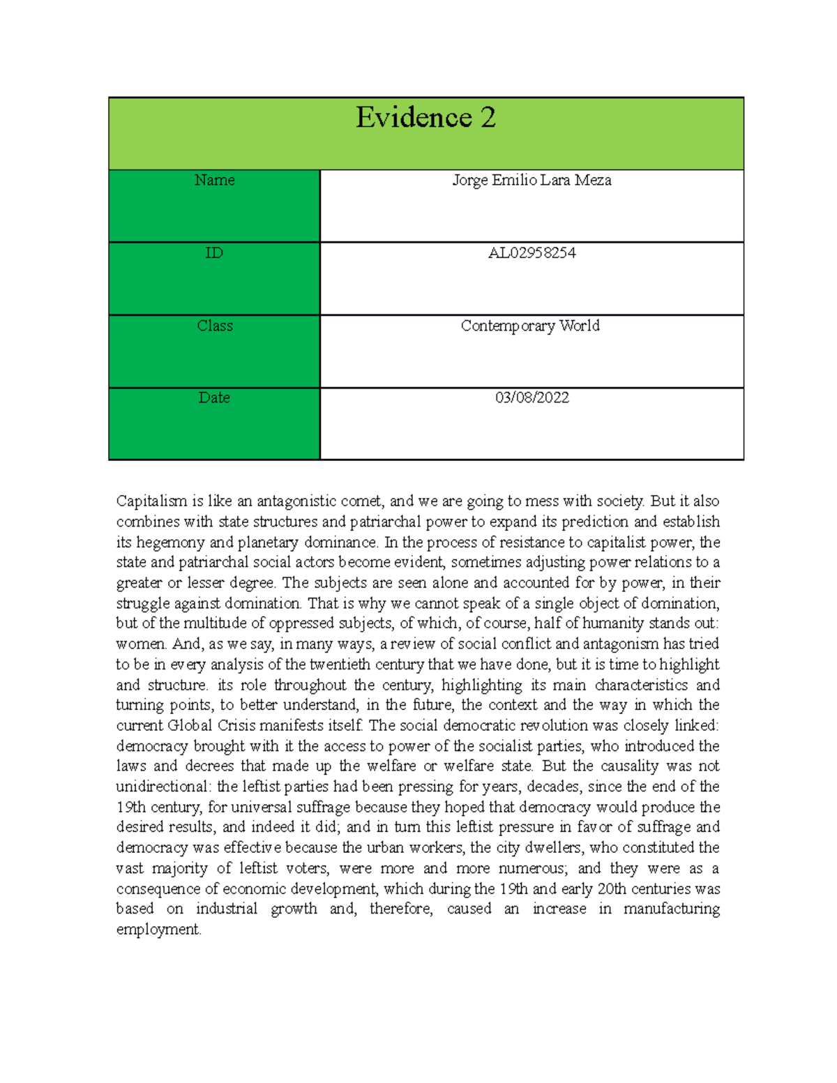 Evidence 2 contemporary - Evidence 2 Name Jorge Emilio Lara Meza ID AL ...