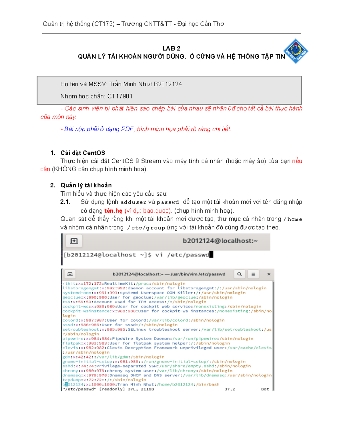 Nhut B 2012 124 CT179 QTHT Lab2 2023 2024 - LAB 2 QUẢN LÝ TÀI KHOẢN NGƯỜI DÙNG, Ổ CỨNG VÀ HỆ ...