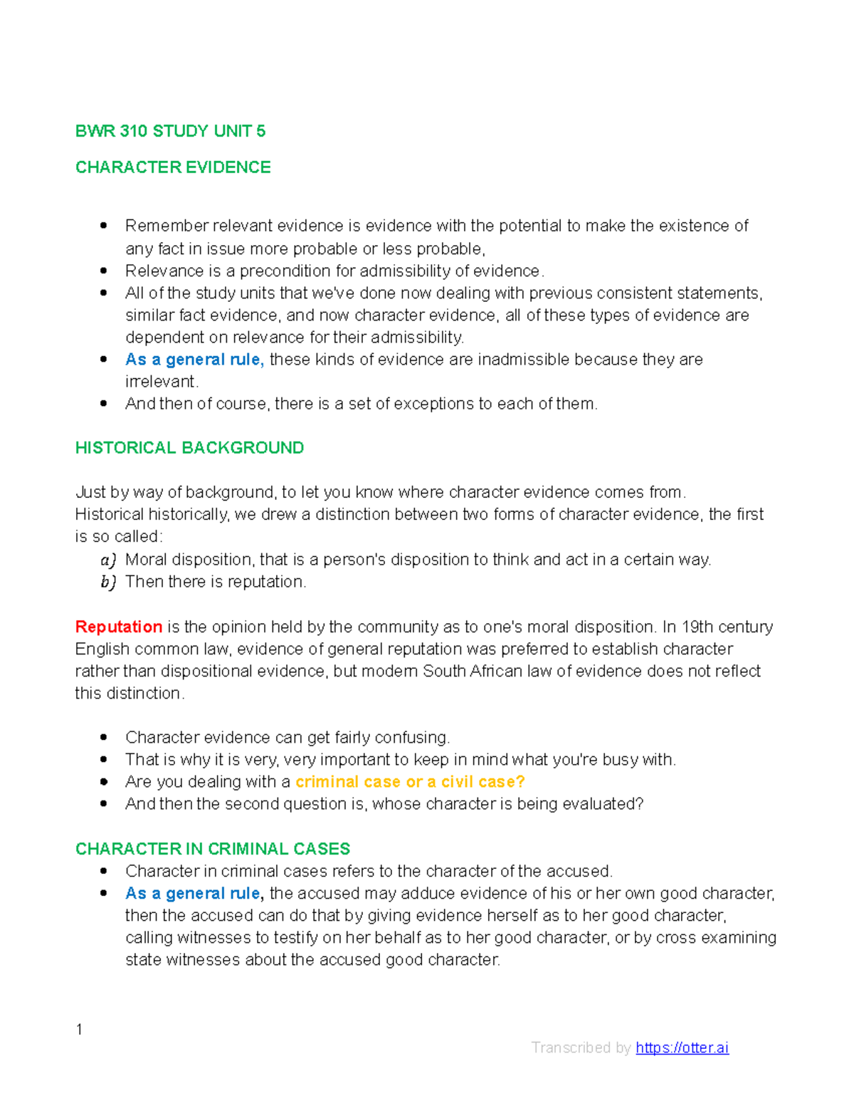 UNIT 5 Character Evidence - BWR 310 STUDY UNIT 5 CHARACTER EVIDENCE ...