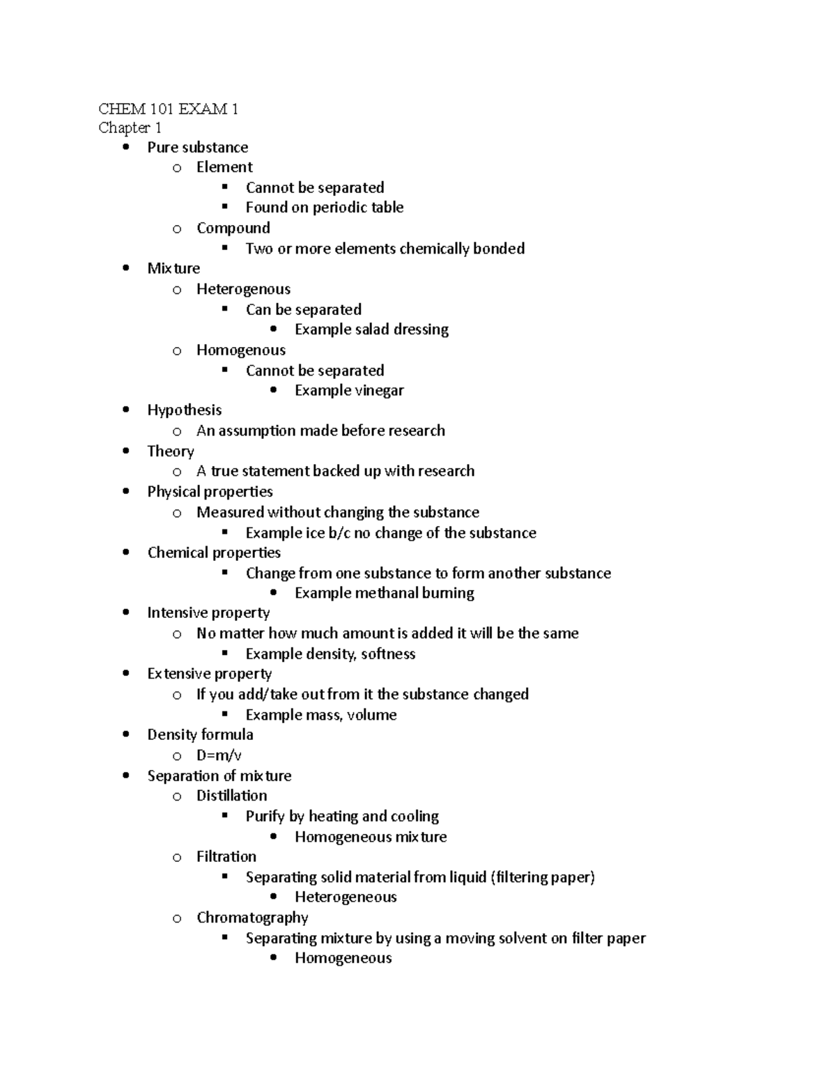 EXAM 1 - Study guide- Dr. smita - CHEM 101 EXAM 1 Chapter 1 Pure substance o Element Cannot be ...