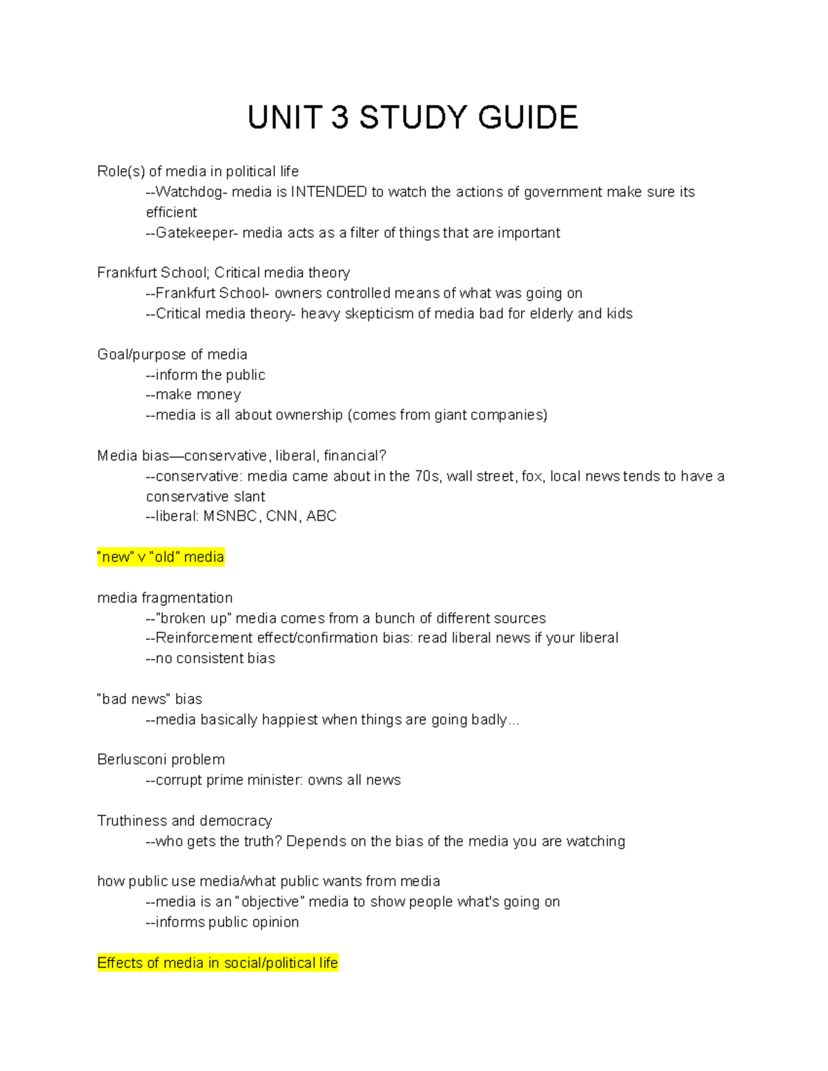 UNIT 3 Study Guide - UNIT 3 STUDY GUIDE Role(s) of media in political ...