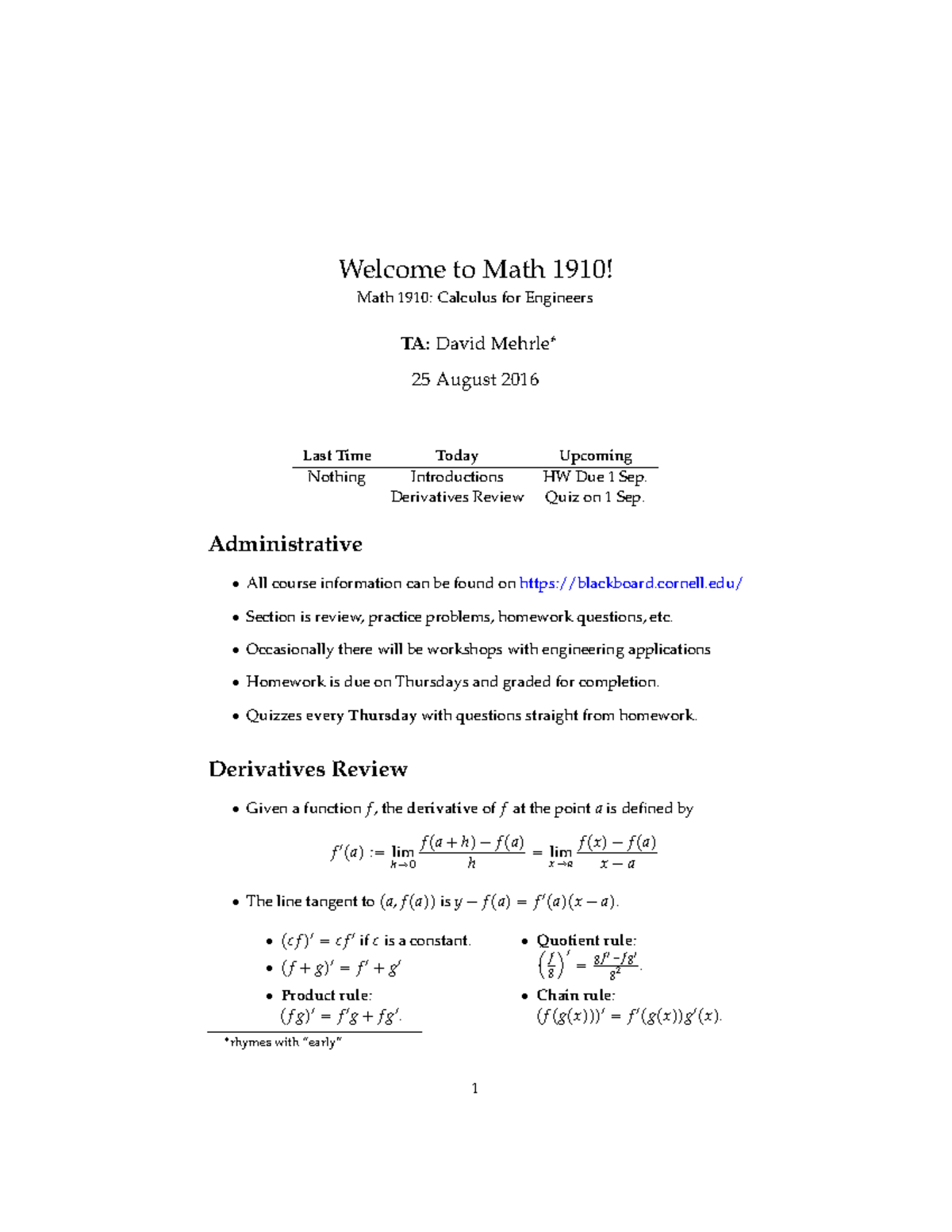 1910f16-handout 01 - Discussion section worksheet from Math 1910 taught by Professor David Merle ...