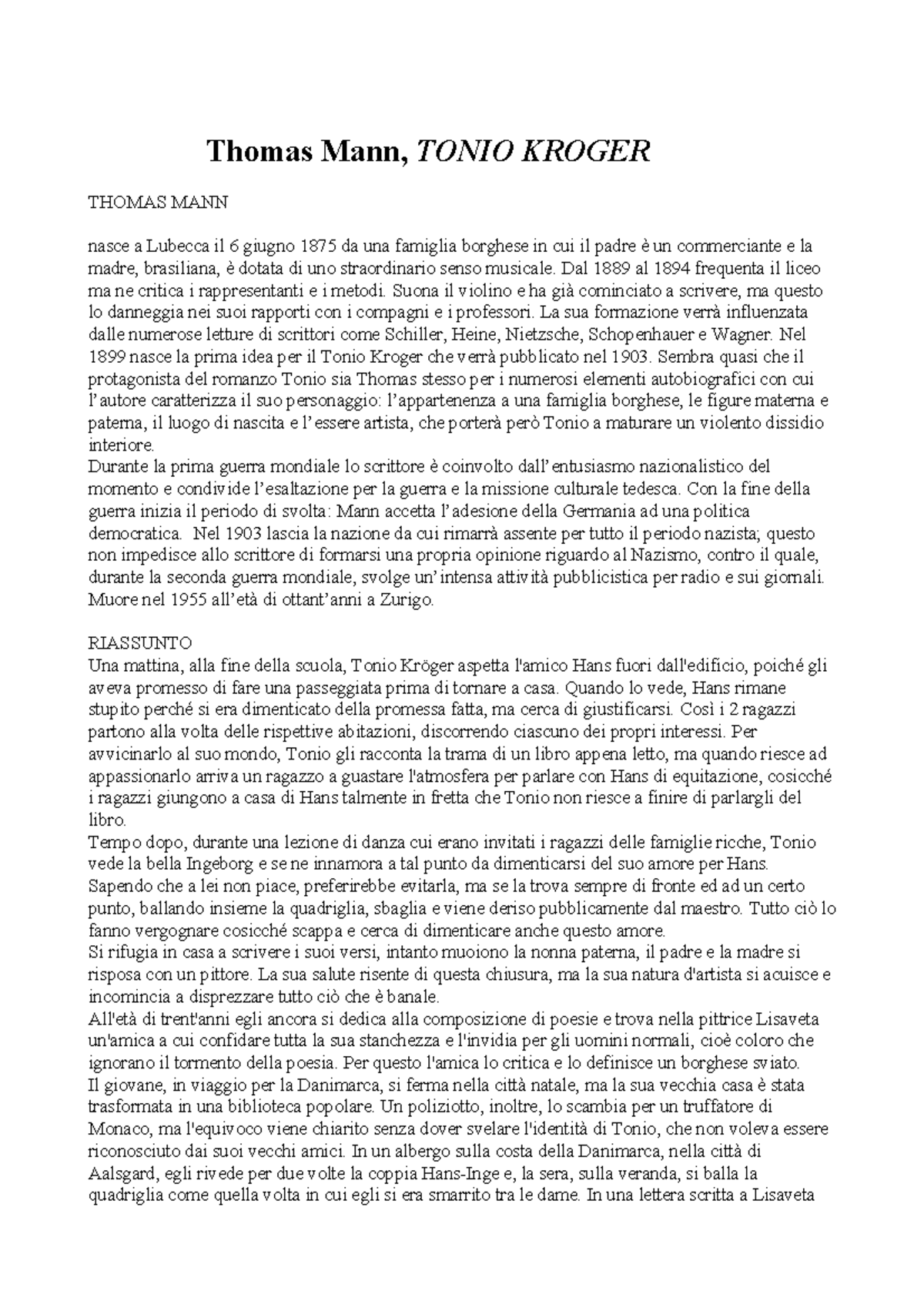 Tonio Kroger Riassunto dettagliato per capitoli - Thomas Mann, TONIO ...