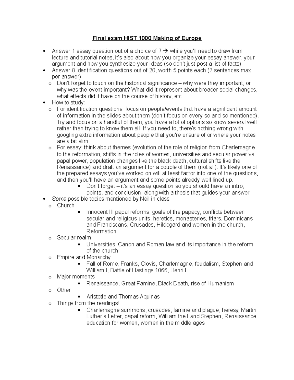 Exam Notes for HIST 1001 - Final exam HIST 1000 Making of Europe Answer ...