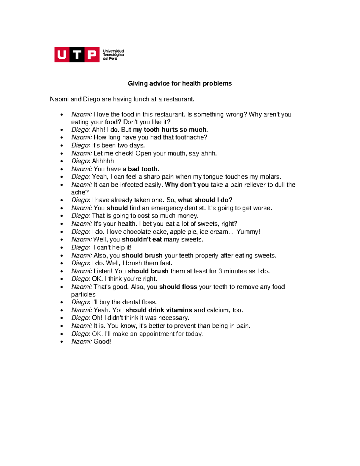 Week 15 - Script - Giving advice for health problems - Giving advice ...