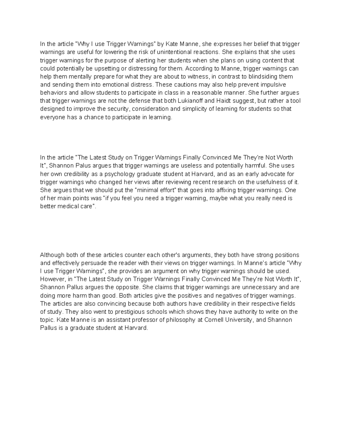 Manne and palus - In the article “Why I use Trigger Warnings” by Kate ...