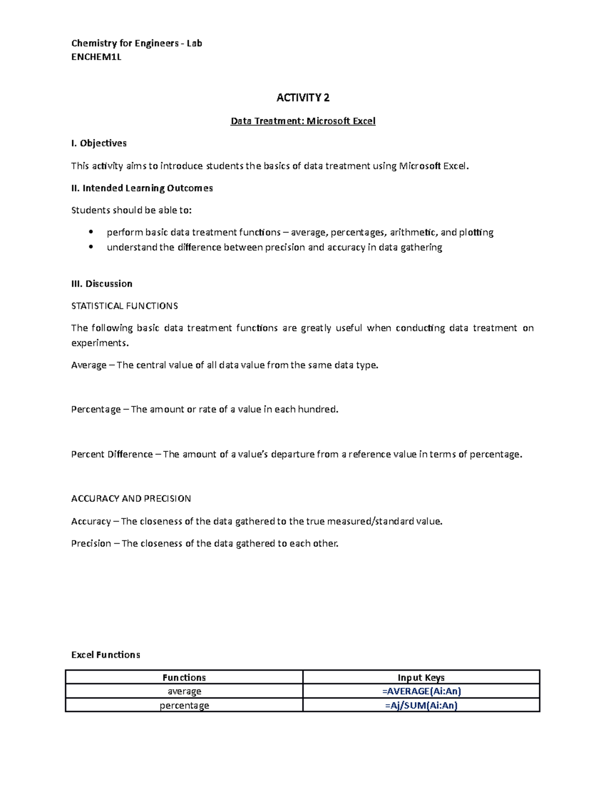 Chemistry Laboratory - ENCHEM1L ACTIVITY 2 Data Treatment: Microsoft ...