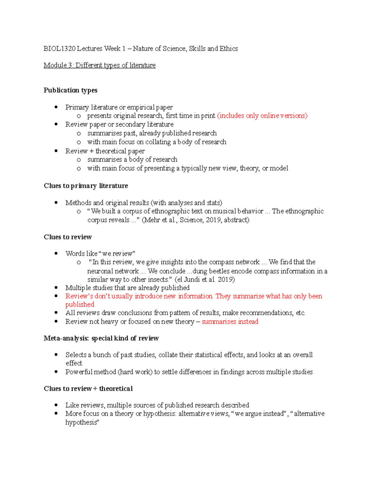 BIOL1320 Lectures Week 1 - .. The ethnographic corpus reveals ...