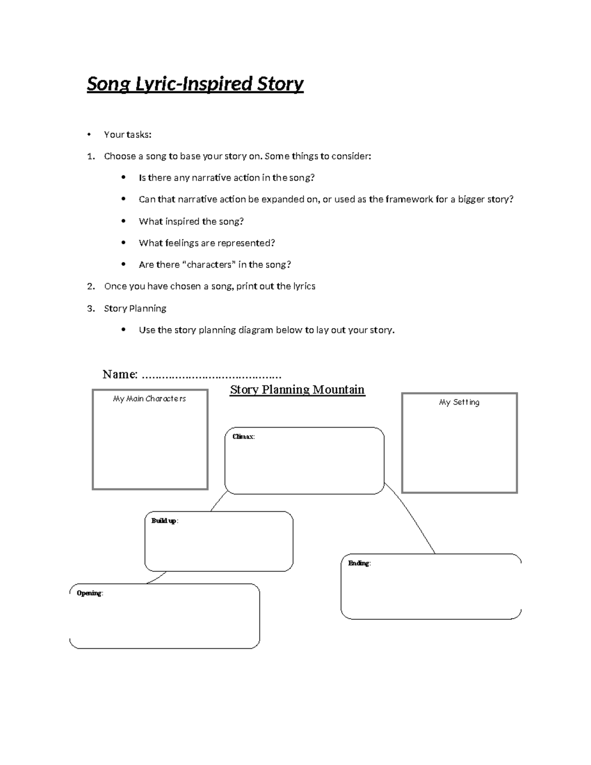 Song Lyric Inspired Story - Song Lyric-Inspired Story • Your tasks: 1 ...