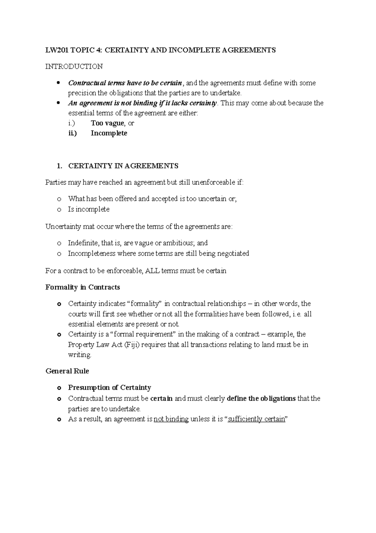 LW201 T4 - SUMMARY - LW201 TOPIC 4: CERTAINTY AND INCOMPLETE AGREEMENTS ...