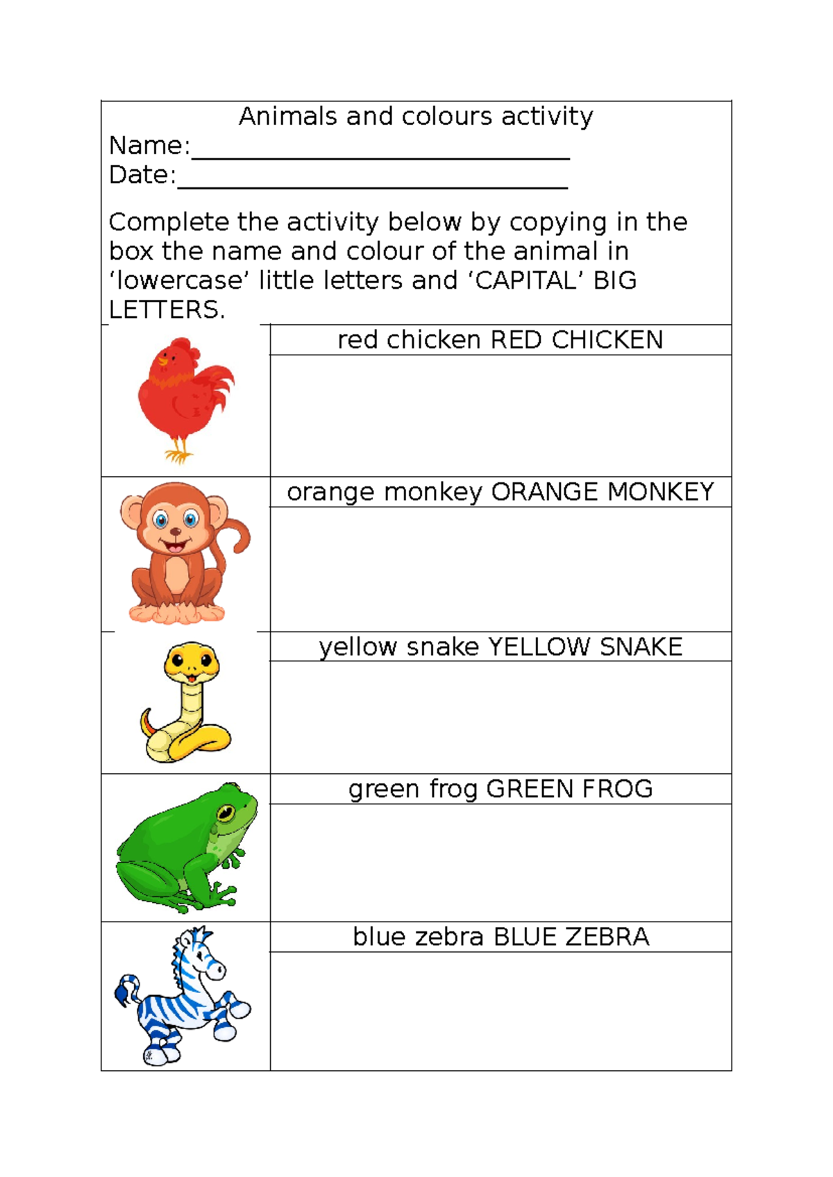 Colours and animals handwriting worksheet - OCCT13004 - Animals and ...
