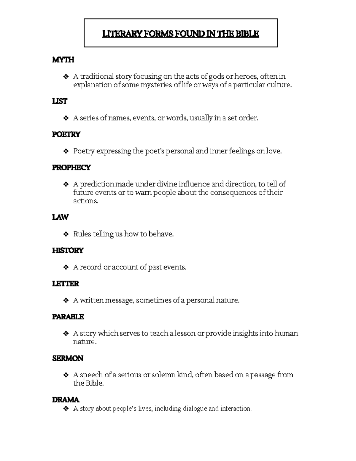 Literary Forms In The Bible LITERARY FORMS FOUND IN THE BIBLE MYTH A