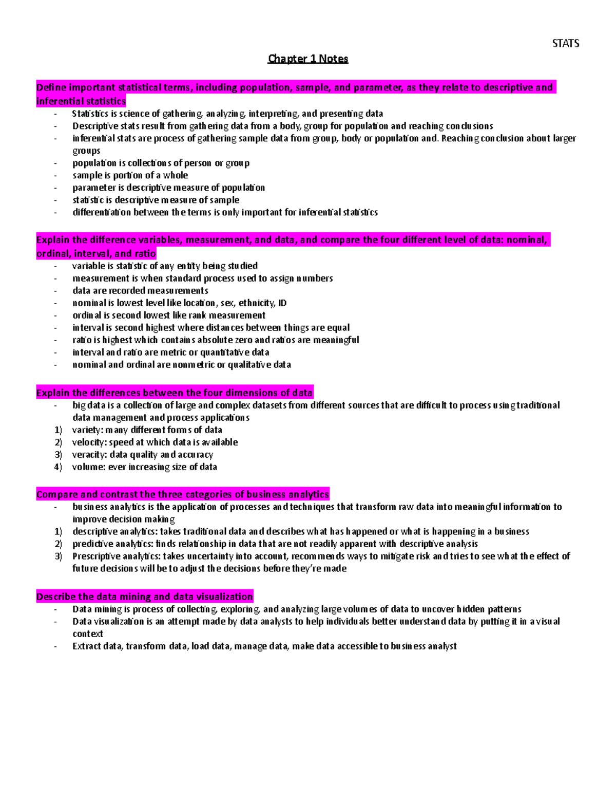 Chapter 1 Notes - STATS Chapter 1 Notes Define important statistical ...
