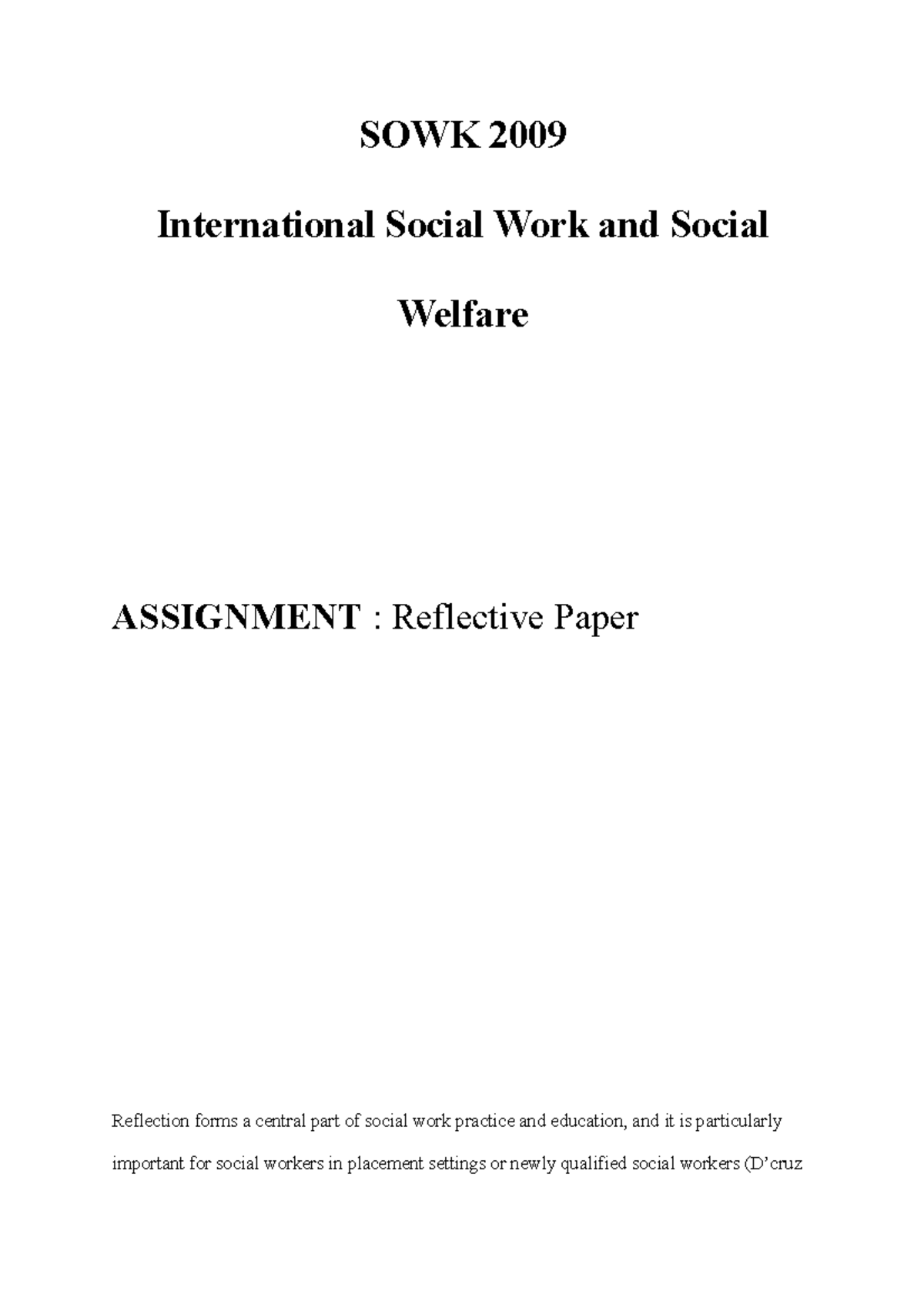 International- reflective - SOWK 2009 International Social Work and ...