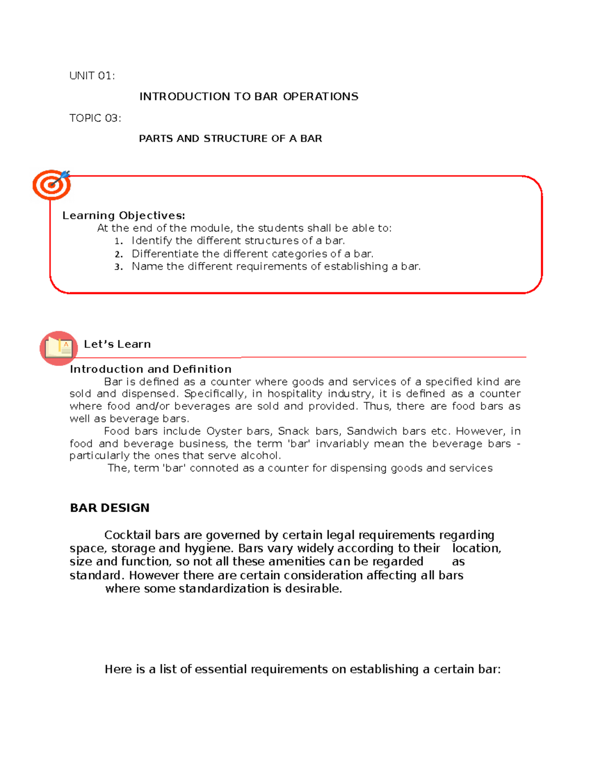 Unit 1 Topic 3 Parts and Structure of a Bar - UNIT 01: INTRODUCTION TO ...