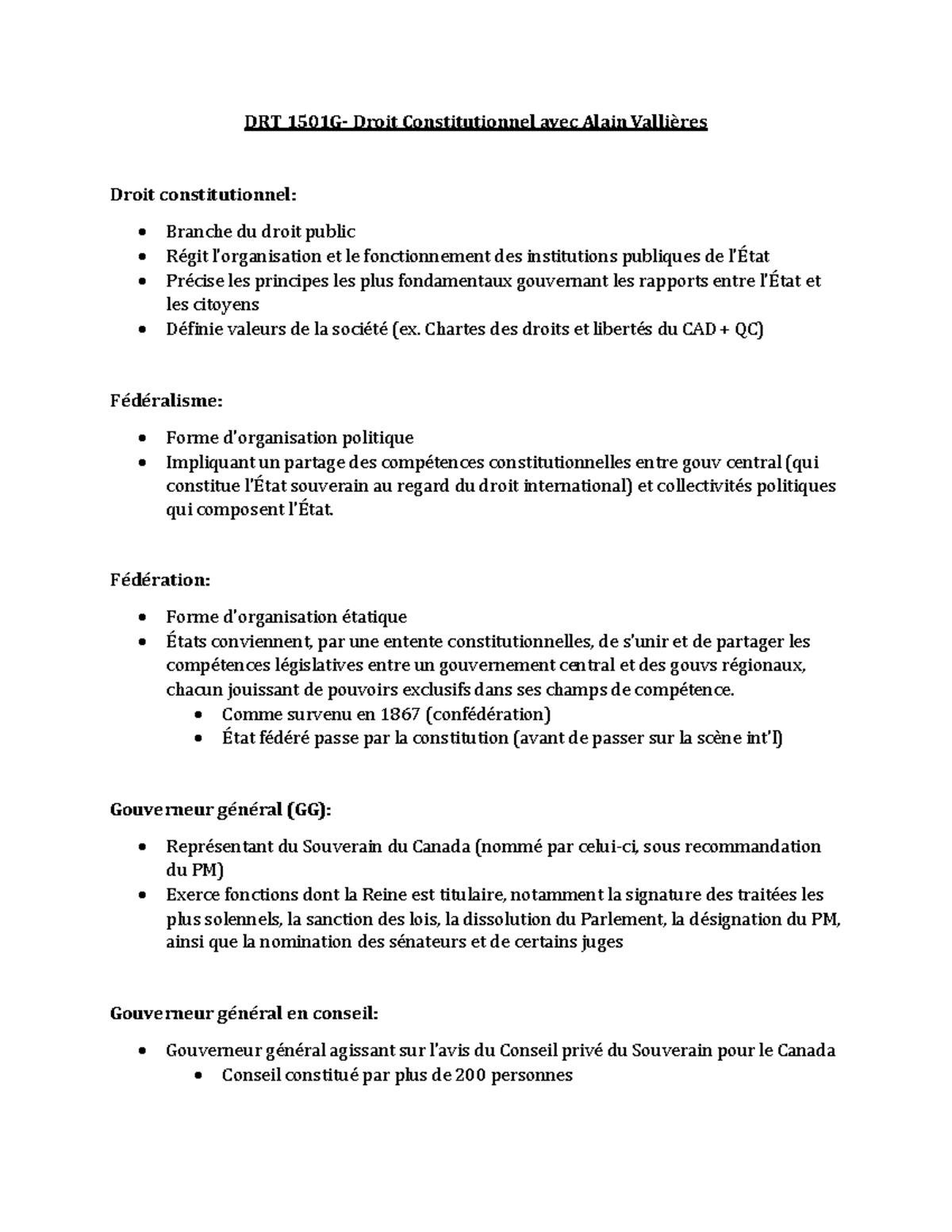 Cours 1- DRT 1501G- Alain Vallières - DRT 1501G- Droit Constitutionnel ...