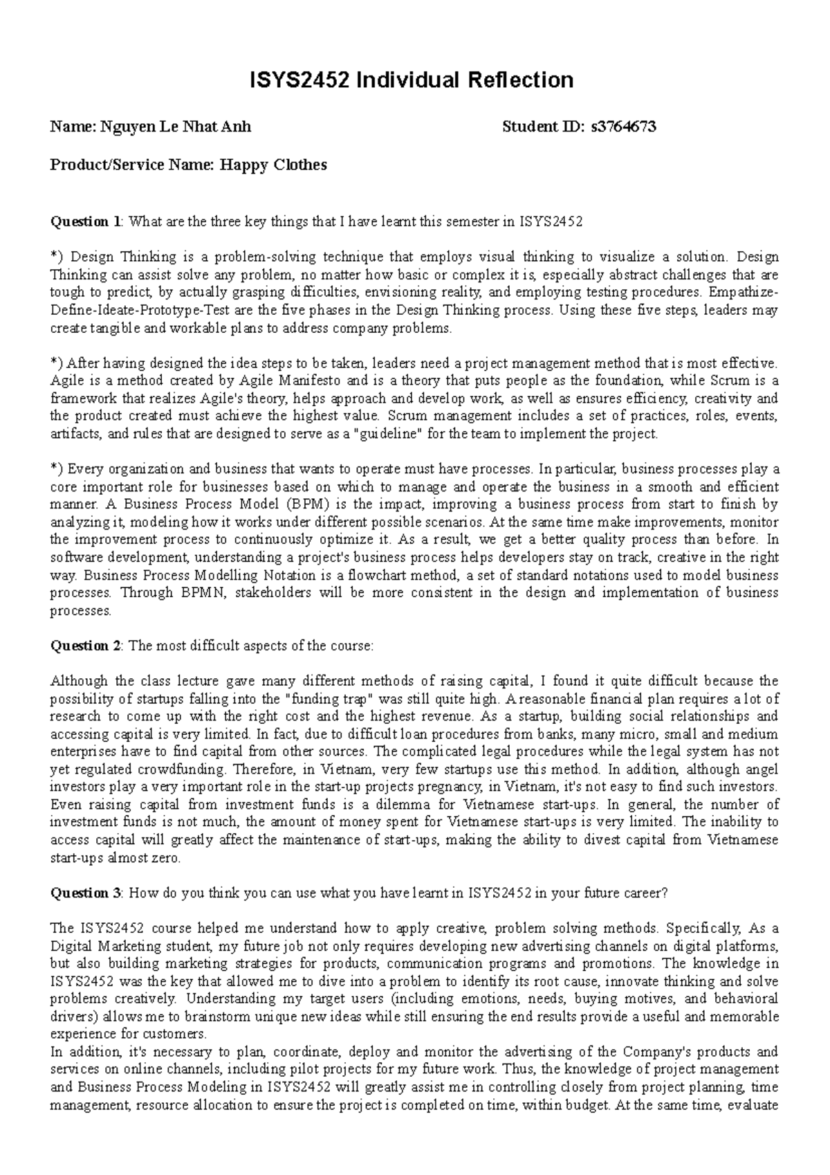 Individual reflection report - Asm3 Design Thinking & Digital Startup ...