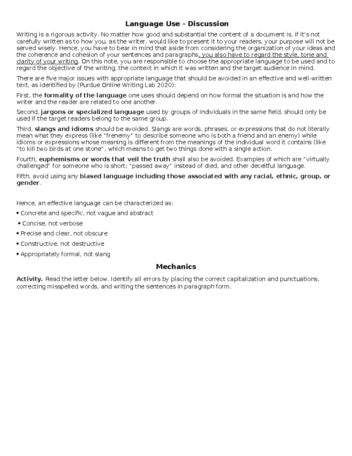 Hand outs Language Use and mechanic - Language Use - Discussion Writing ...