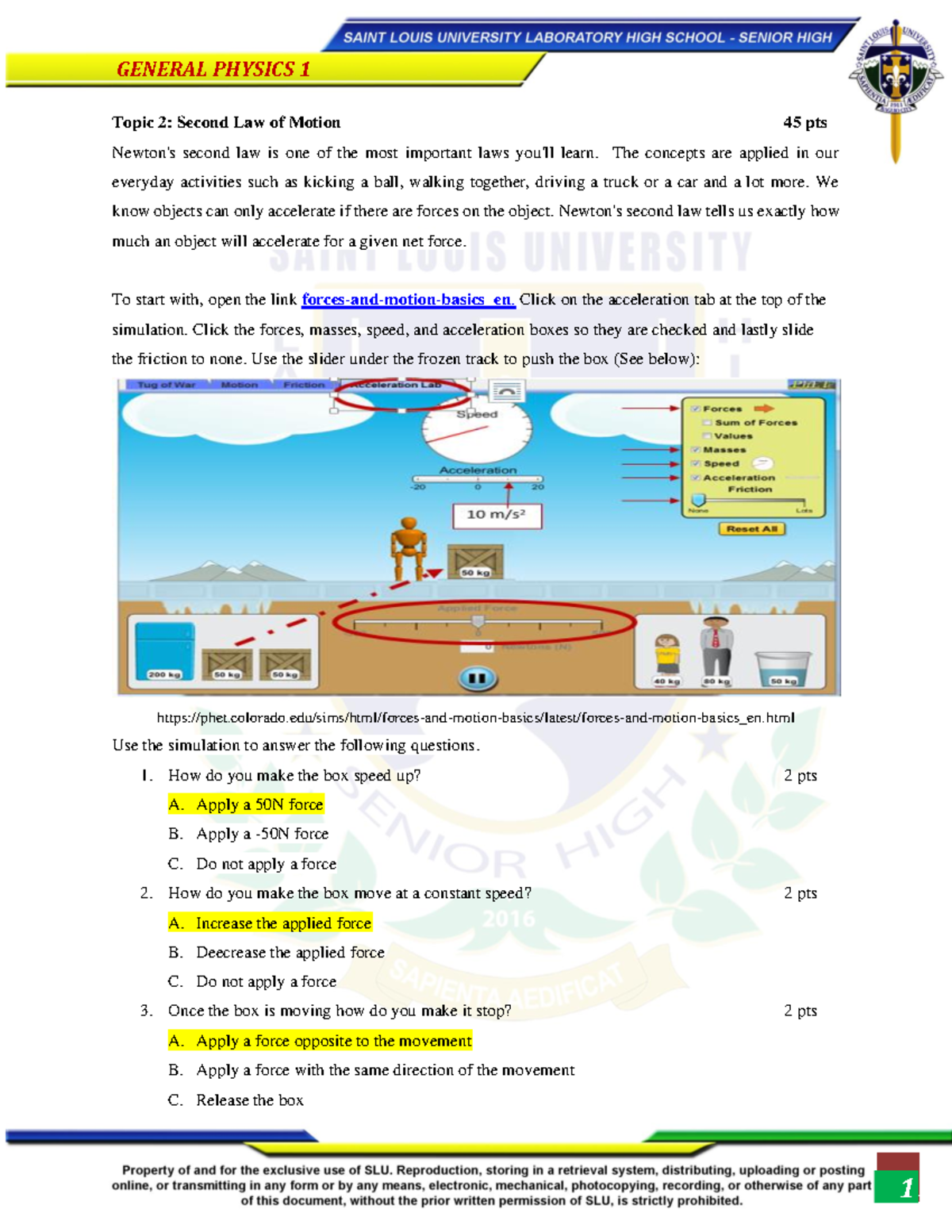P6 day 3 - Topic 2: Second Law of Motion 45 points General Physics Day ...