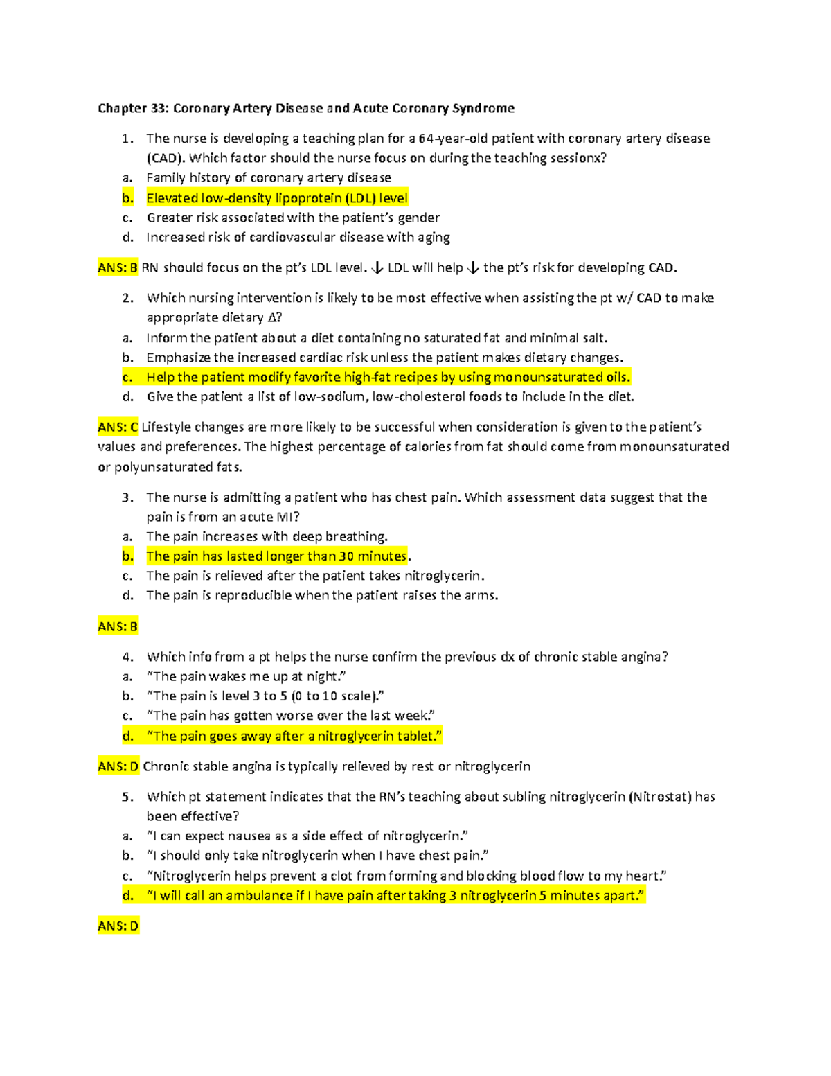 Med Surg 2 Exam 2 Practice Questions - Chapter 33: Coronary Artery ...