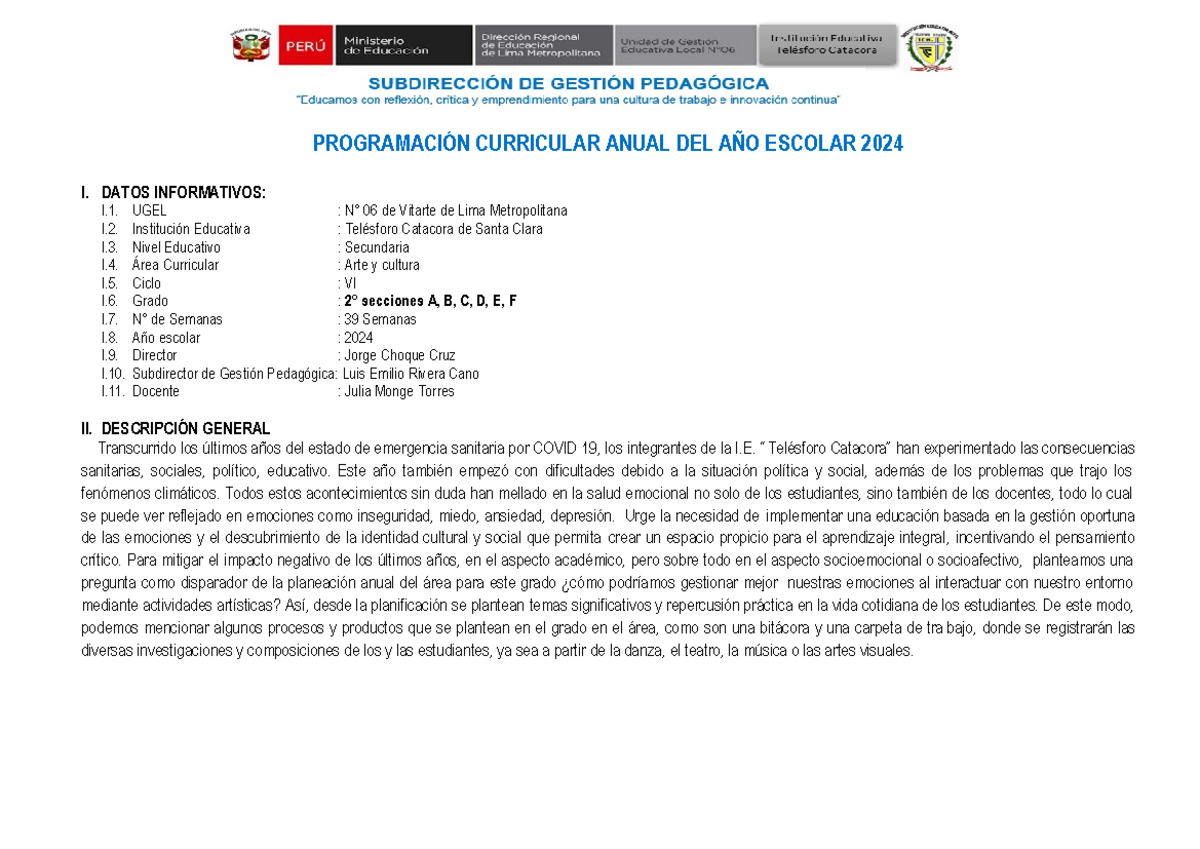 2do Planificación Curricular Anual - PROGRAMACIÓN CURRICULAR ANUAL DEL AÑO ESCOLAR 2024 I. DATOS ...