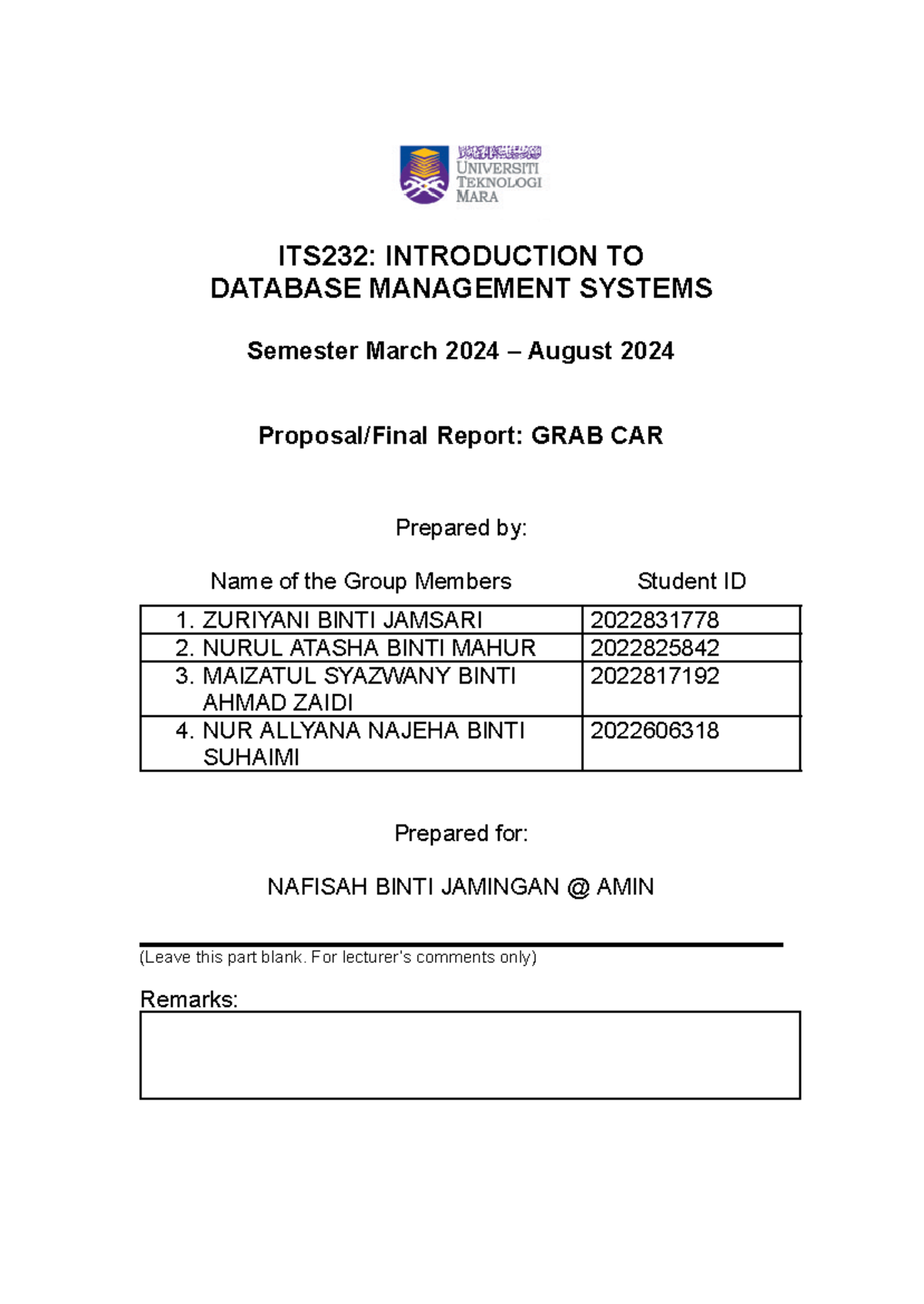 final report ICT200 - ITS232: INTRODUCTION TO DATABASE MANAGEMENT SYSTEMS Semester March 2024 ...