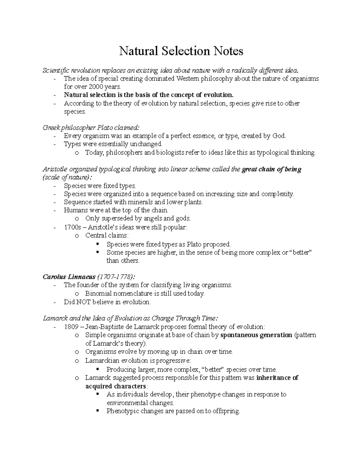 Natural Selection Notes - Natural Selection Notes Scientific revolution ...