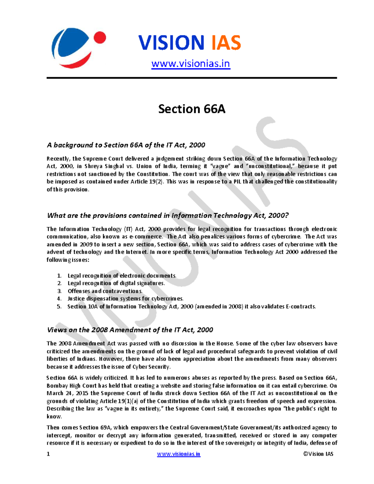 Section 66 A - Lecture notes 1 - VISION IAS visionias Section 66A A ...