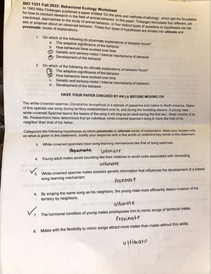 Behavioral Ecology Worksheet - BIO 1331 - Studocu