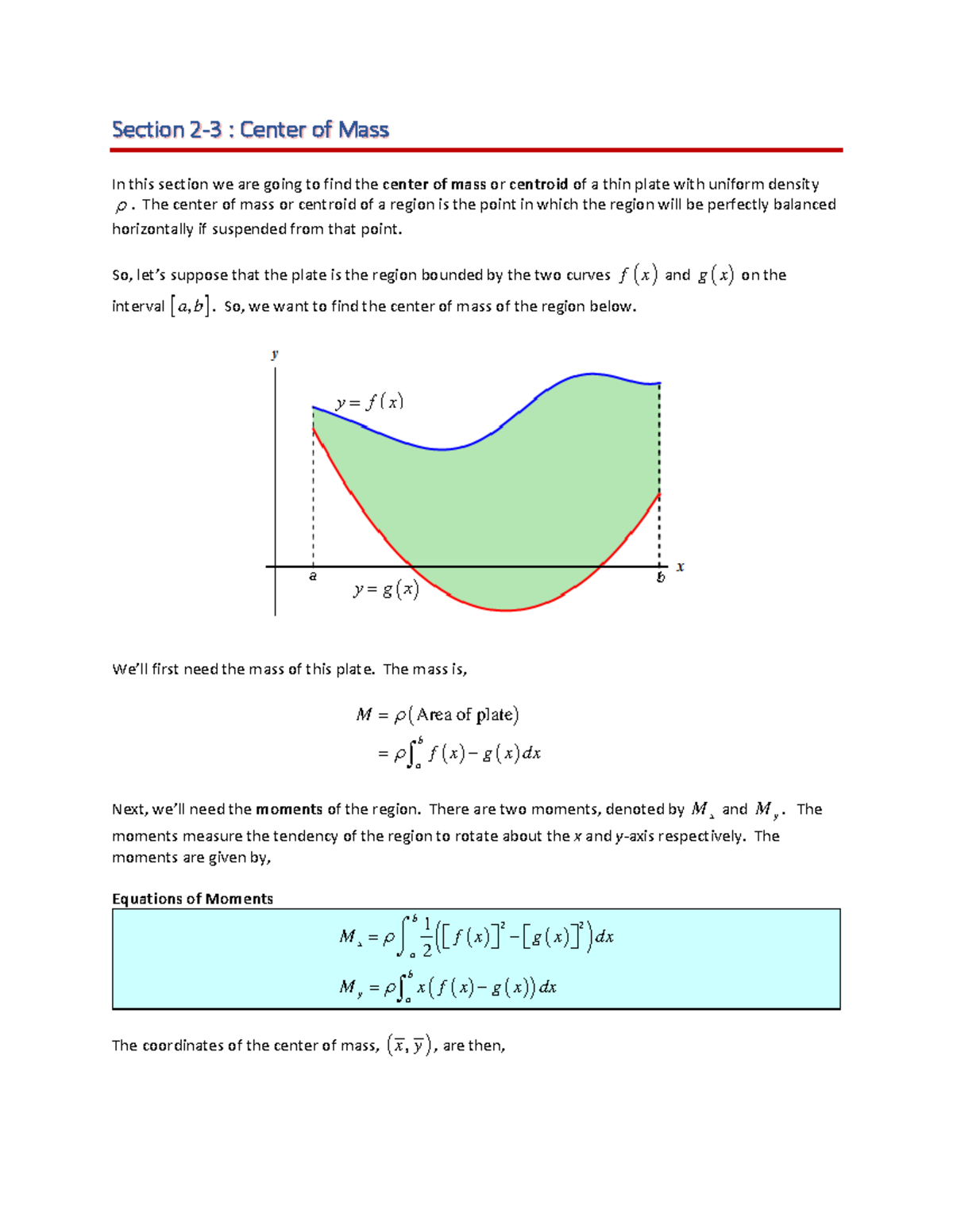 Calc II Center Of Mass - Lecture notes 10 - Warning: TT: undefined ...