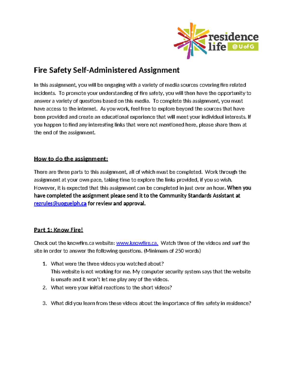 Fire Safety Self-Administered Assignment - To promote your ...