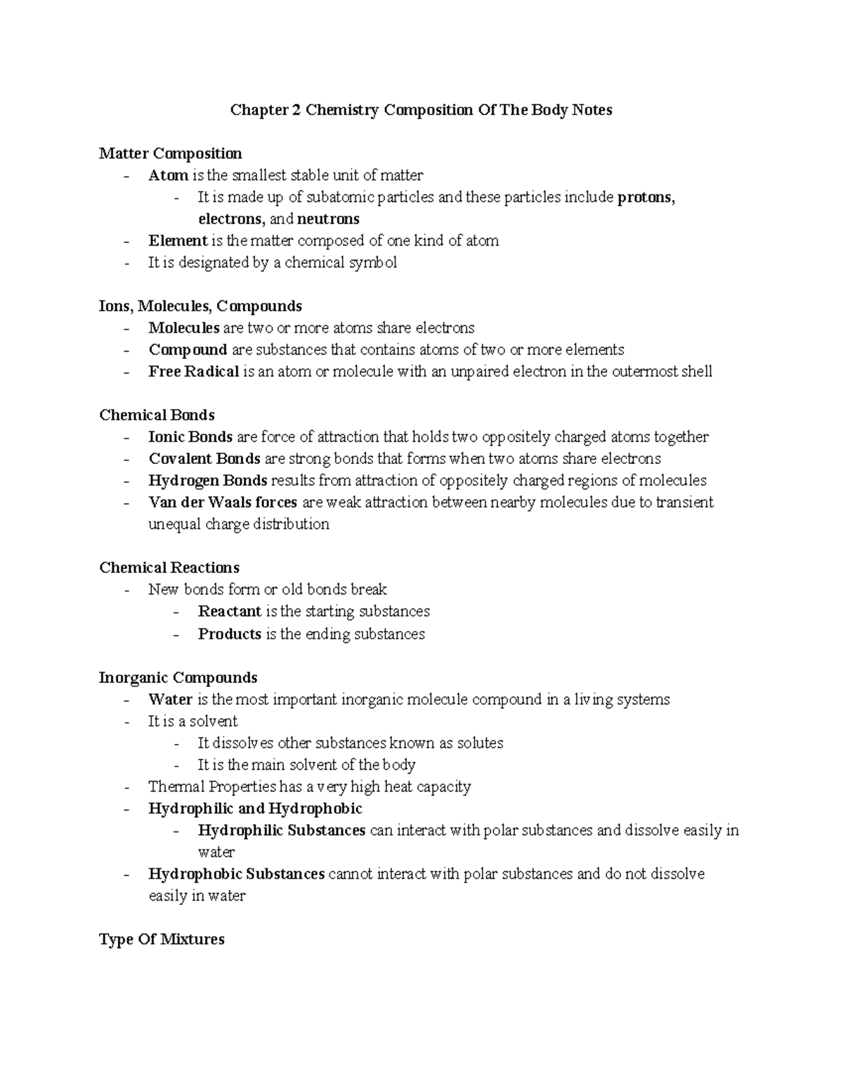 Chapter 2 Chemistry Composition of the body Notes - Chapter 2 Chemistry ...