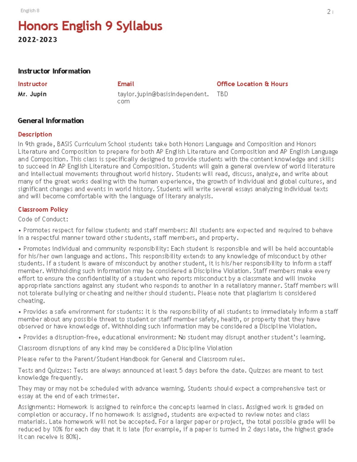 Honors+English+9+Syllabus - Honors English 9 Syllabus 2022- Instructor ...