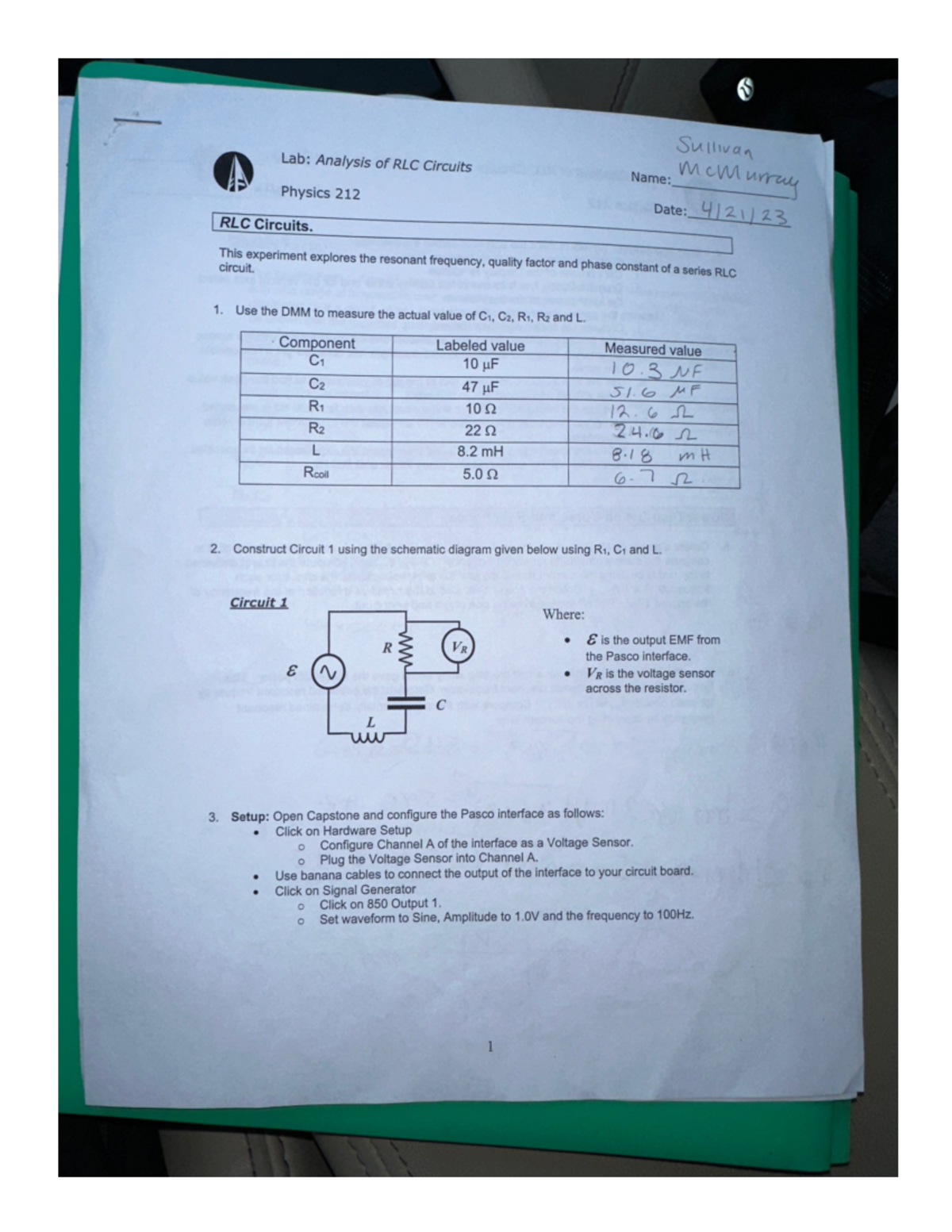 Mc Murray Lab 08 - In-class lab work with assistance from the professor. - PHYS 212 - Studocu