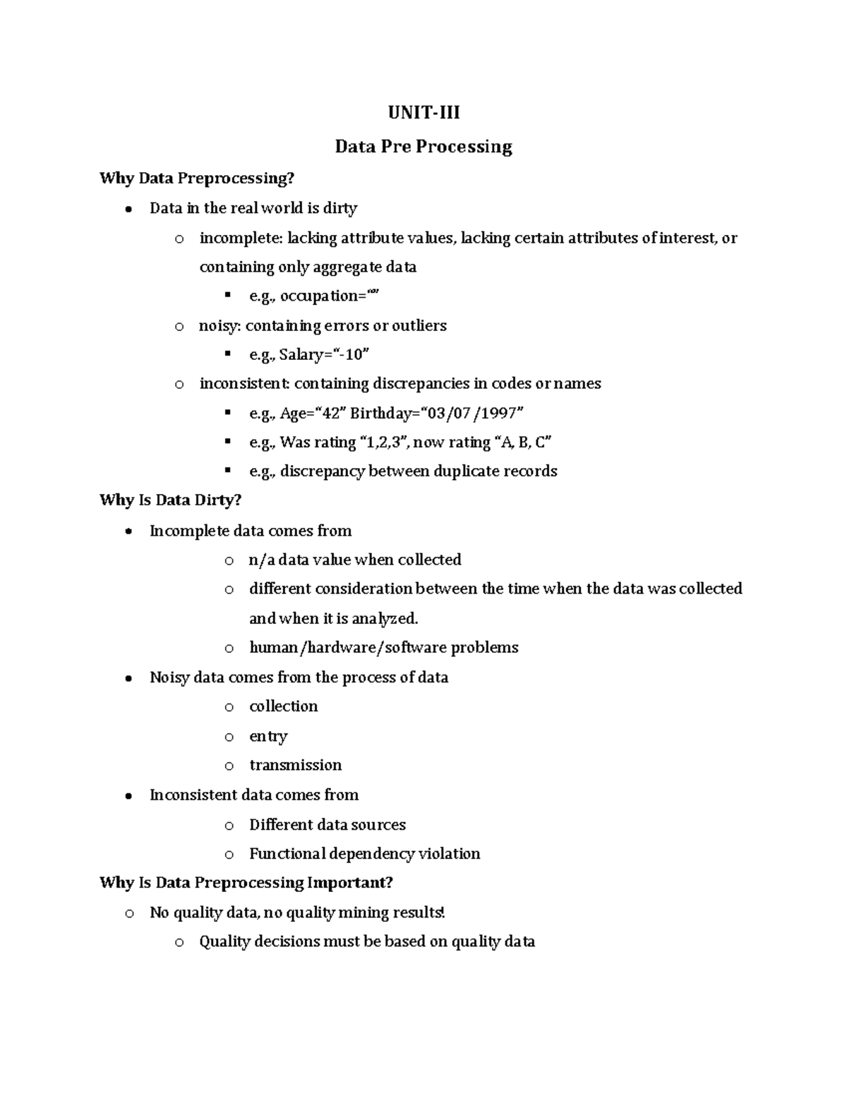 Unit Iii Nil Unit Iii Data Pre Processing Why Data Preprocessing Data In The Real World Is