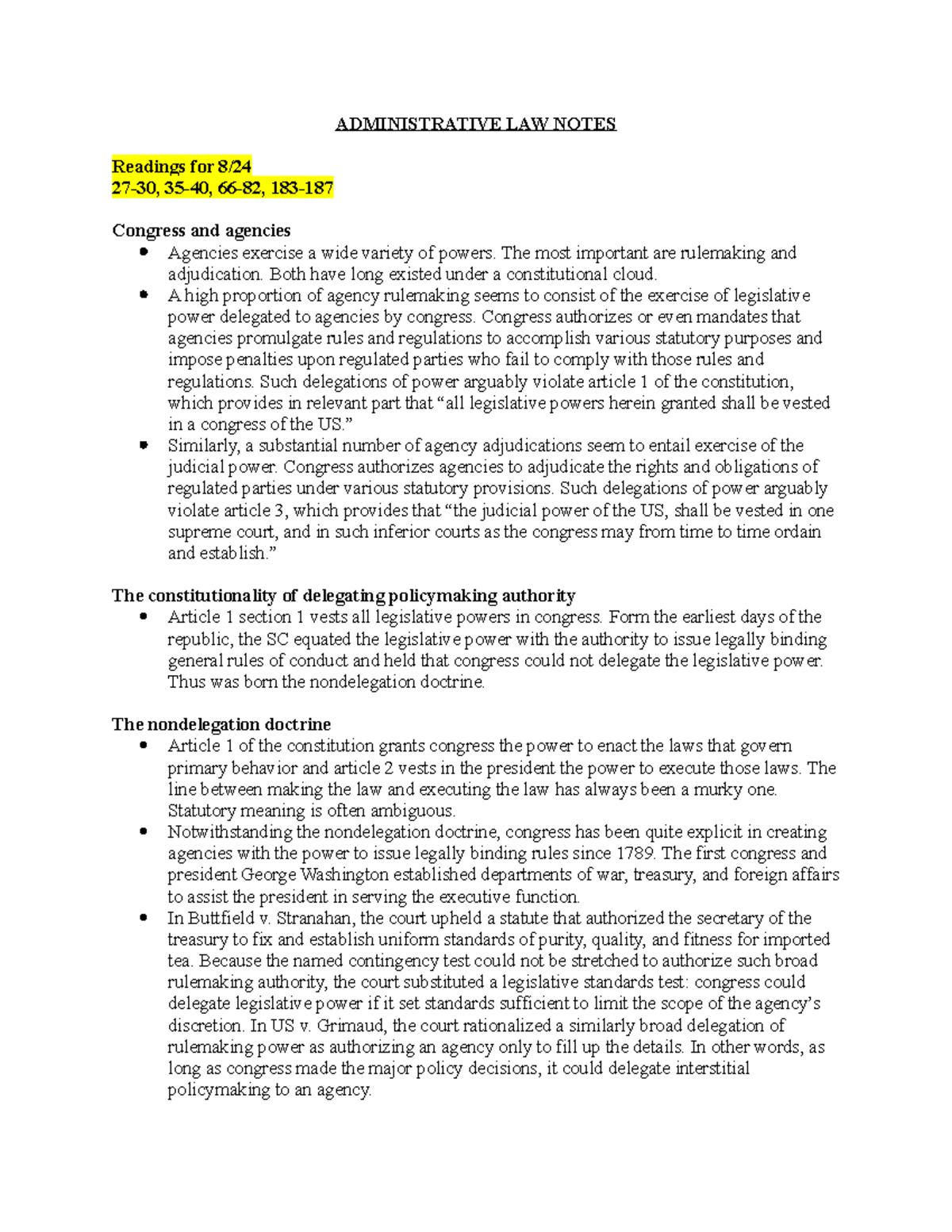Administrative LAW Notes - ADMINISTRATIVE LAW NOTES Readings for 8/ 27 ...