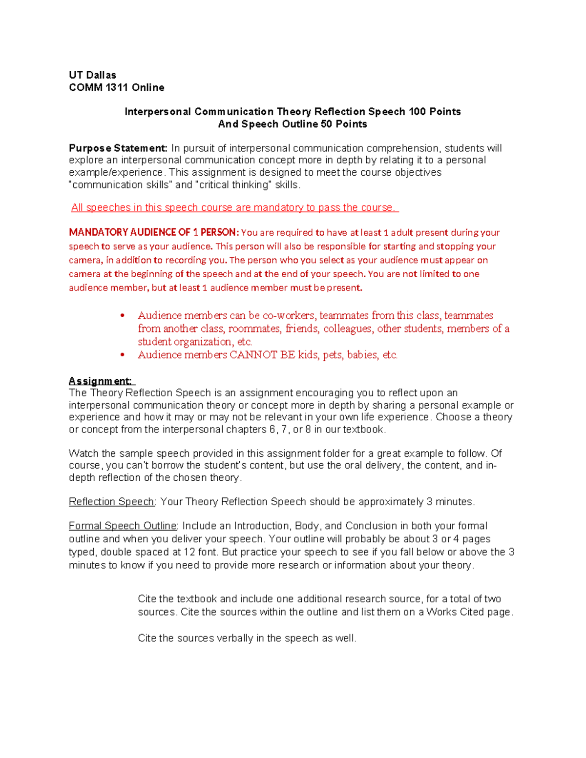 Interpersonal Theory Reflection Speech - UT Dallas COMM 1311 Online ...
