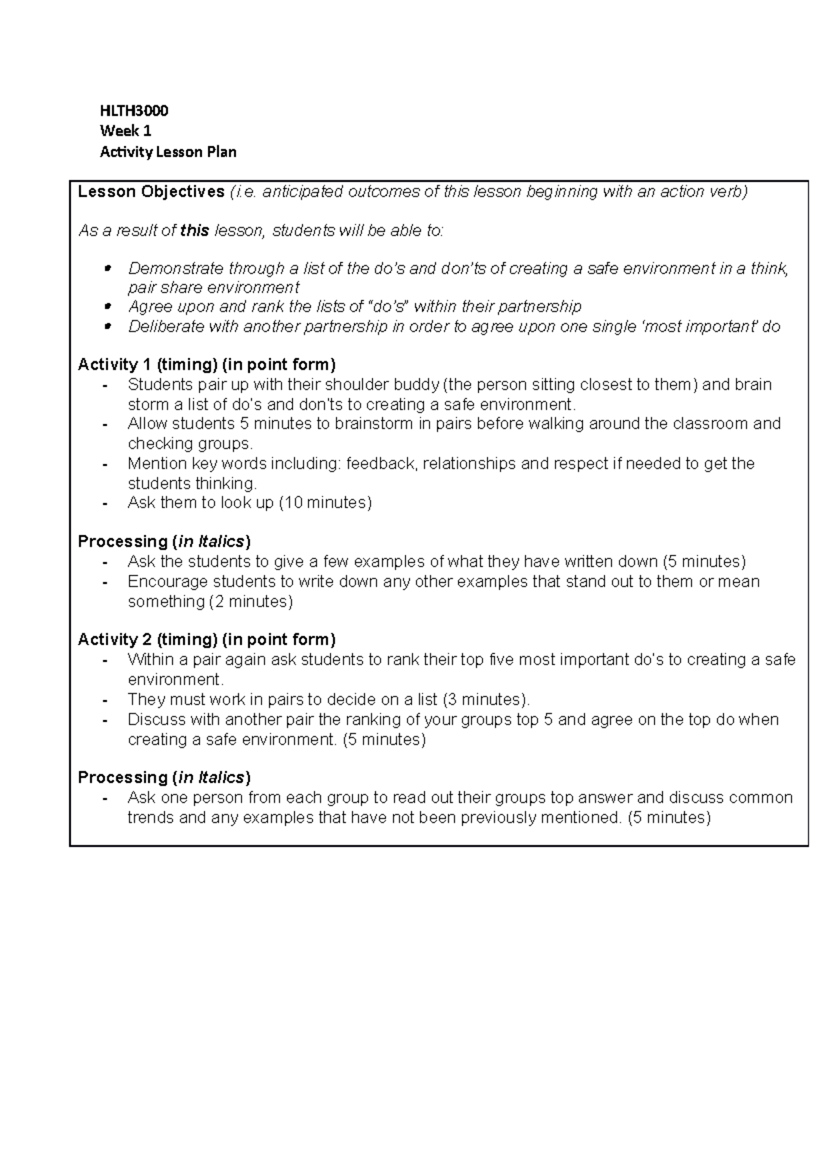 Activity lesson plan week 1 - HLTH Week 1 Activity Lesson Plan Lesson ...