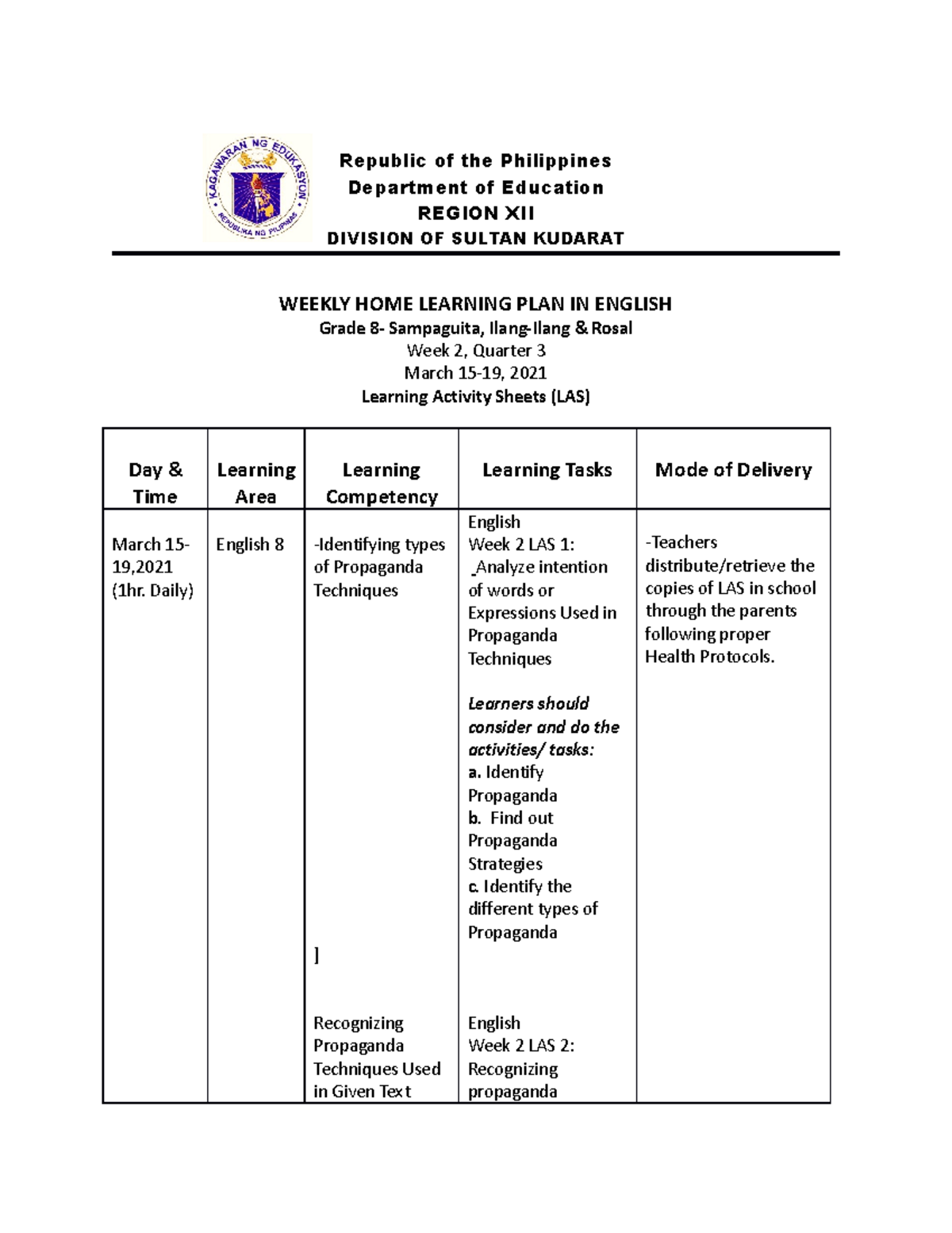 Sample-Weekly-HLP - SAMPLE WEEKLY PLAN - Republic of the Philippines ...