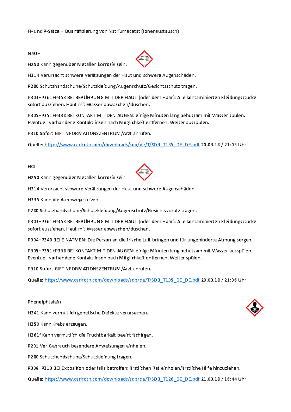 Quantitatifizierung von Natriumacetat (Ionenaustausch) - H- und P-Sätze ...