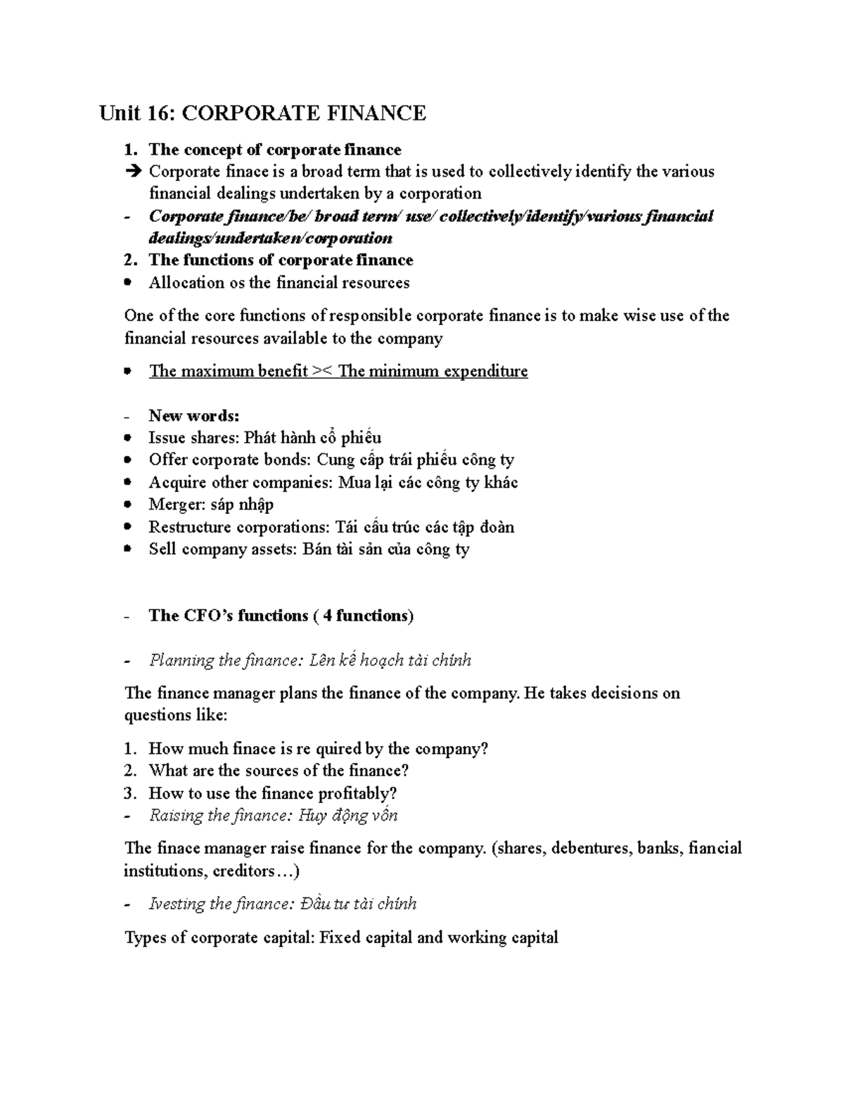 TACN2 Vở ghi - Unit 16: CORPORATE FINANCE The concept of corporate finance Corporate finace is a ...