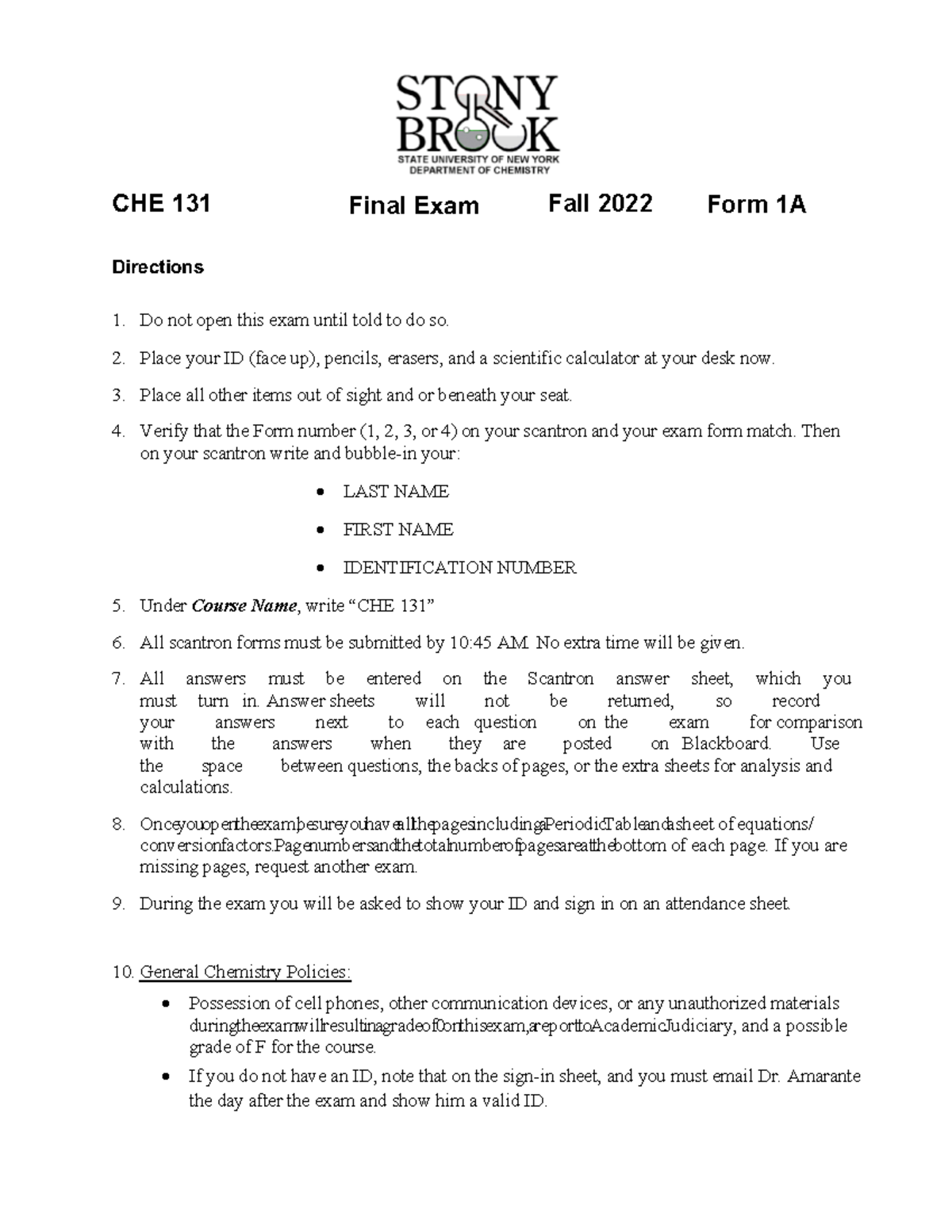 CHE 131 Fall 2022 Practice Exam - CHE 1 31 Final Exam Fall 2022 Form 1A ...