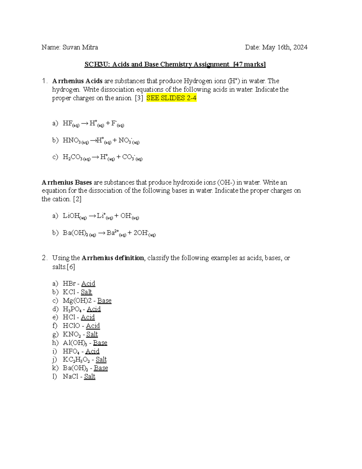 Acid & Bases Assignment - Name: Suvan Mitra Date: May 16th, 2024 SCH3U ...